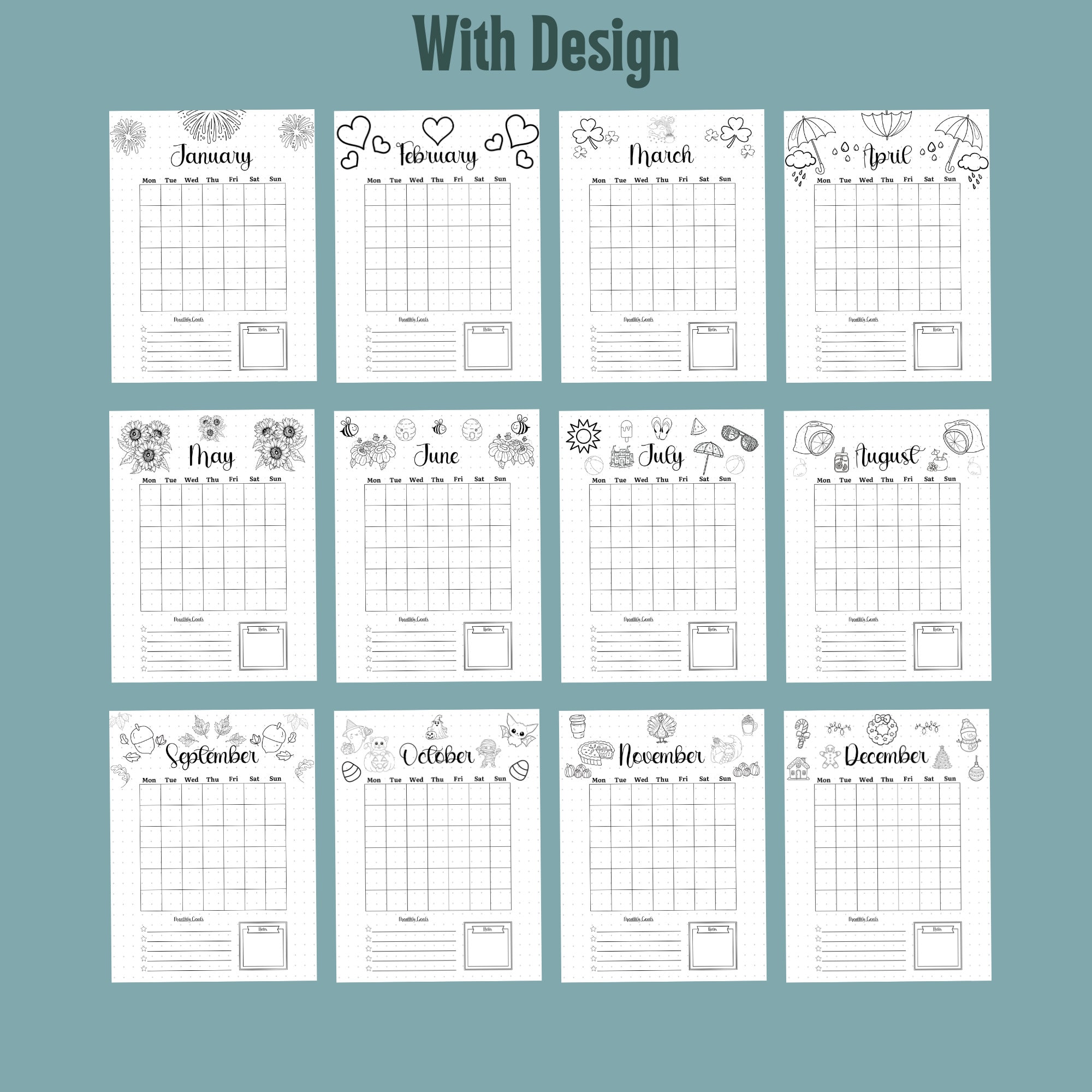 12 Month Calendar Pages A5 Journal Monthly Calendar Template Monthly ...