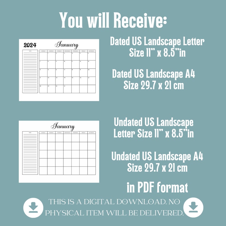 2024 Calendar 2024 Minimalist Monthly Planner Landscape Elegant Monthly ...