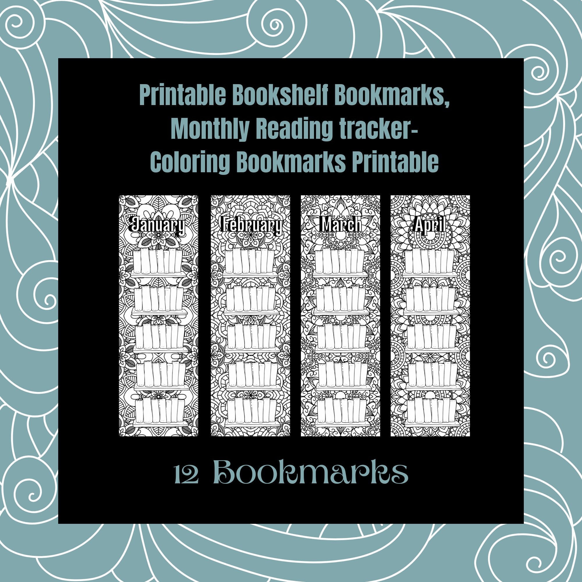 12 Printable Bookshelf Bookmarks, Monthly Reading Tracker, Coloring ...