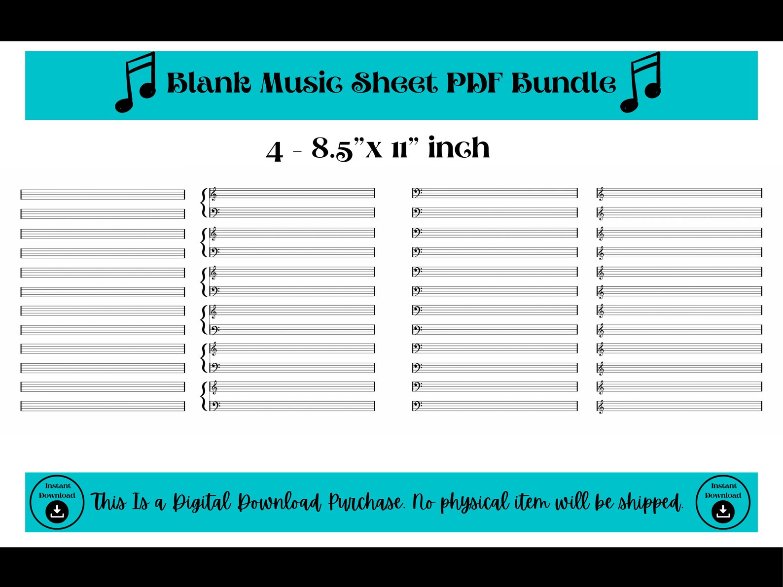 Blank Music Sheets, Printable Blank Music Sheet, Staff Sheet, Instant ...