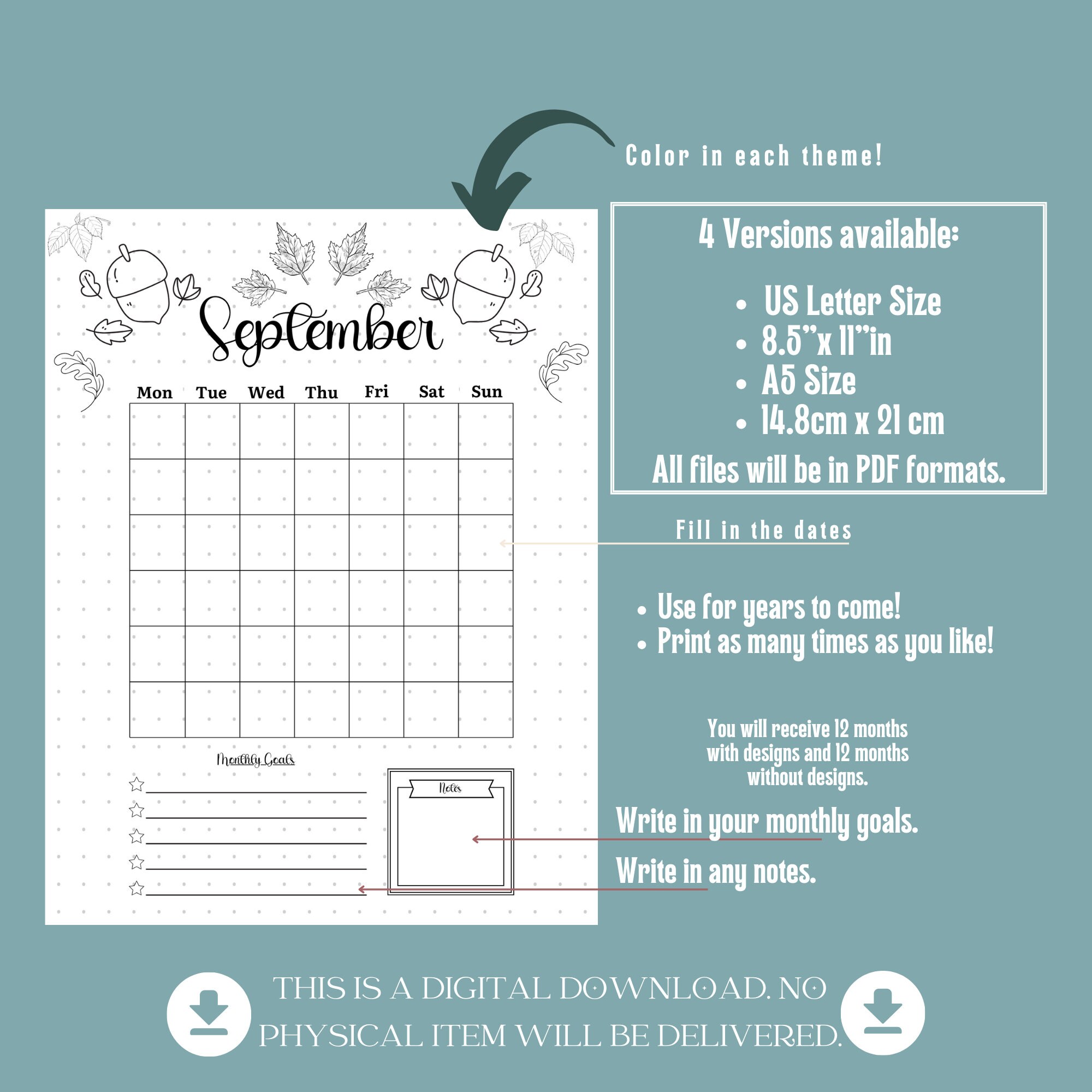 12 Month Calendar Pages A5 Journal Monthly Calendar Template Monthly ...