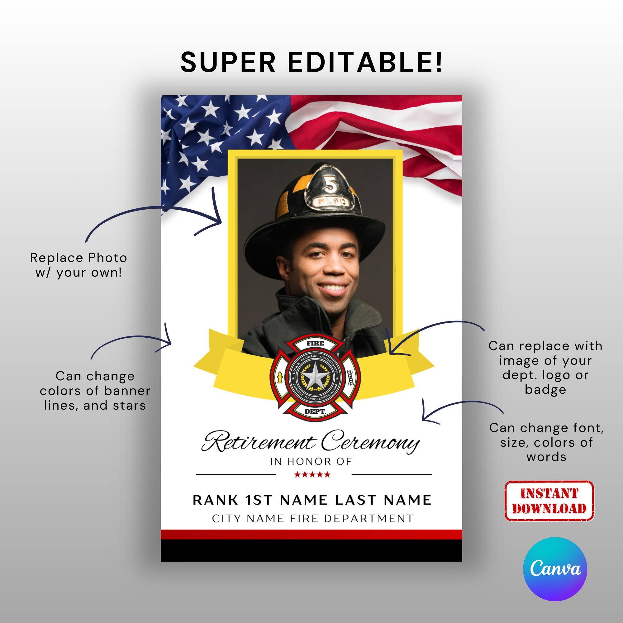 Firefighter Retirement Ceremony Program Canva Template Fireman First ...