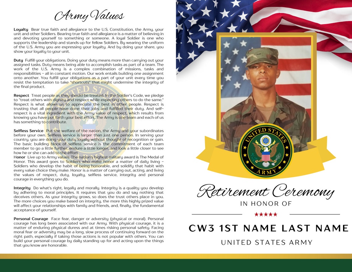 Army Retirement Ceremony Program Canva Template Army Values Bi-fold 8 ...