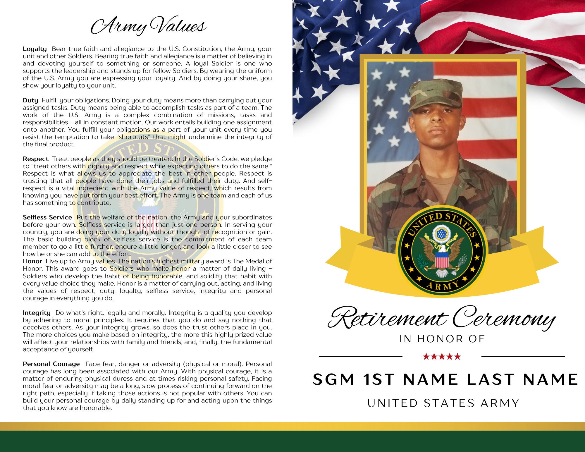 Army Sergeant Major Retirement Ceremony Program Template Bi-fold 8.5x11 ...