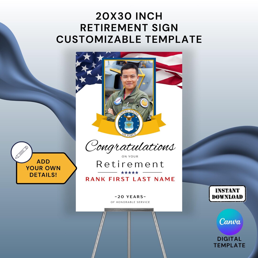 Air Force Retirement Sign Template 20x30 Inch With Photo | Airman ...