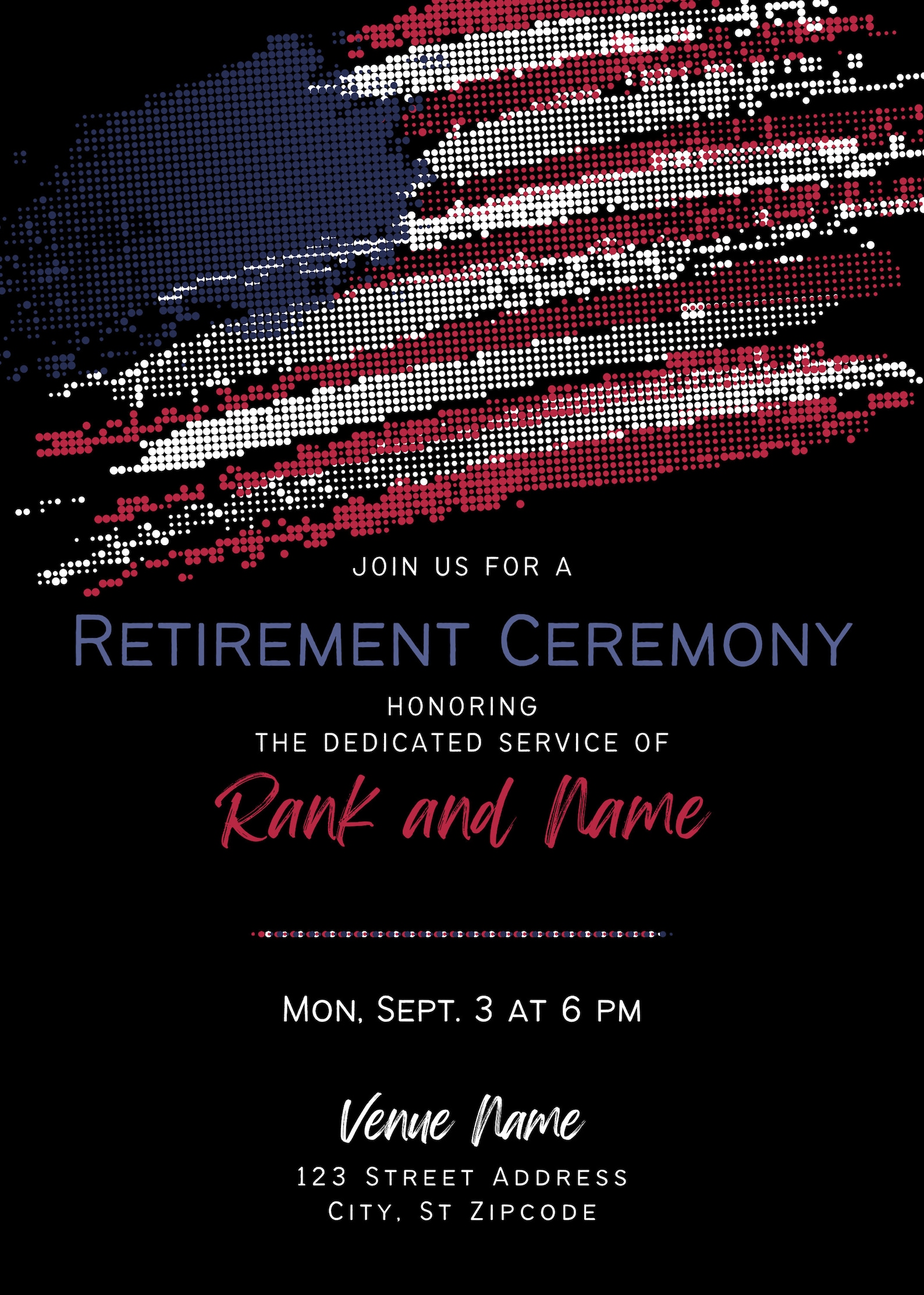 Military Retirement Ceremony Invitation Template 5x7" American Flag ...