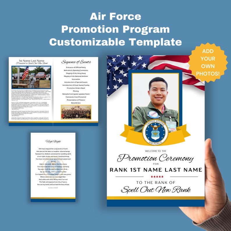 Air Force Promotion Ceremony Program Blue & Gold Canva Template Bi-fold ...