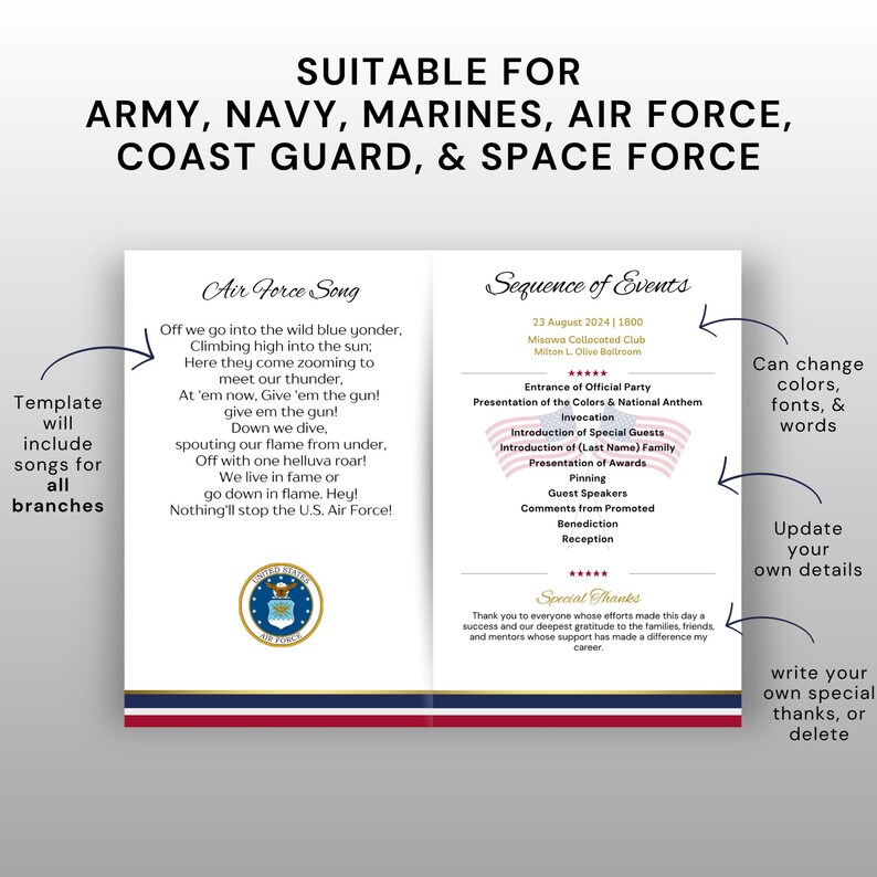 US Military Promotion Ceremony Program Digital Template 8 Page | Army ...