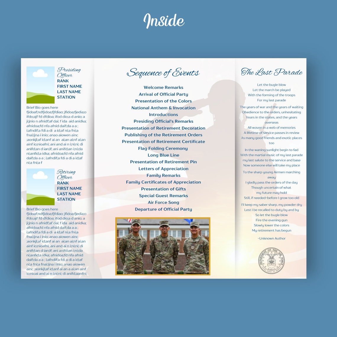 Gatefold Air Force Retirement Ceremony Program Digital Template Party ...