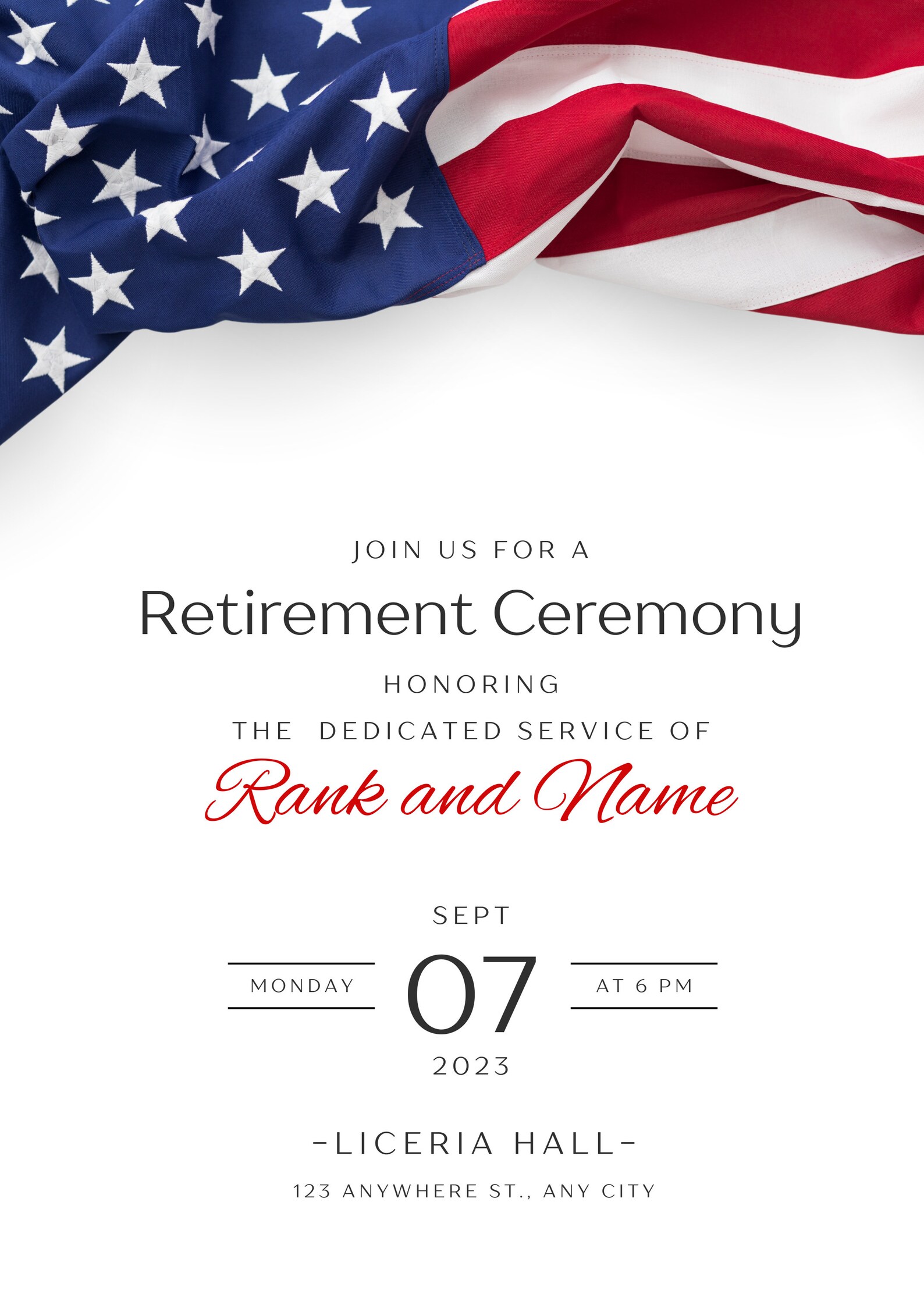 Retirement Ceremony Invitation Canva Template 5x7 American Flag ...