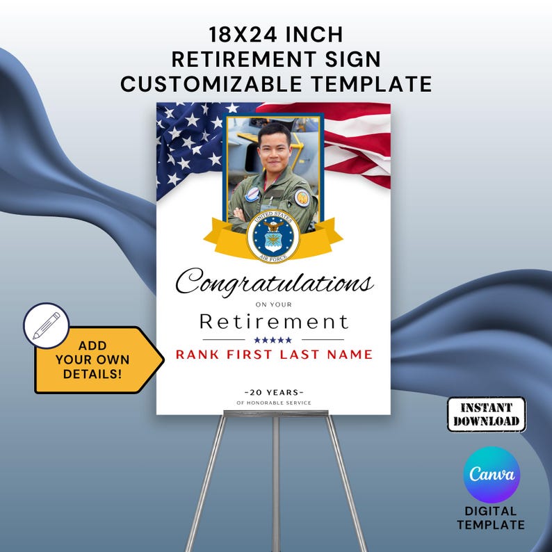 Air Force Retirement Sign Template 18x24 Inch With Photo Airman Officer ...
