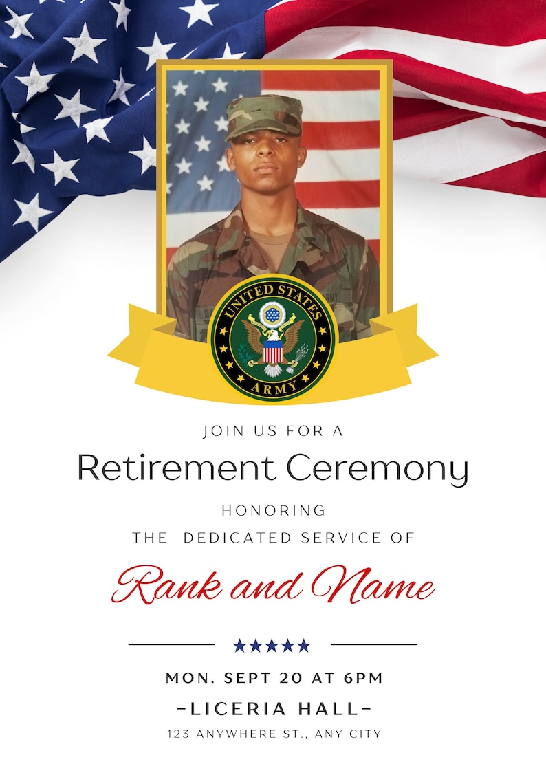 Army Retirement Ceremony Invitation Canva Template 5x7 Retirement Party ...