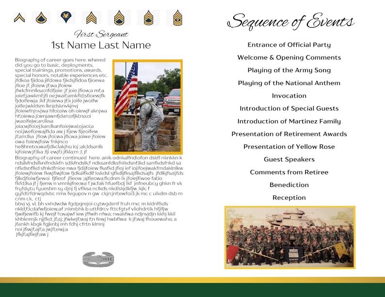 Army First Sergeant Retirement Ceremony Program Template Bi-fold 8.5x11 ...