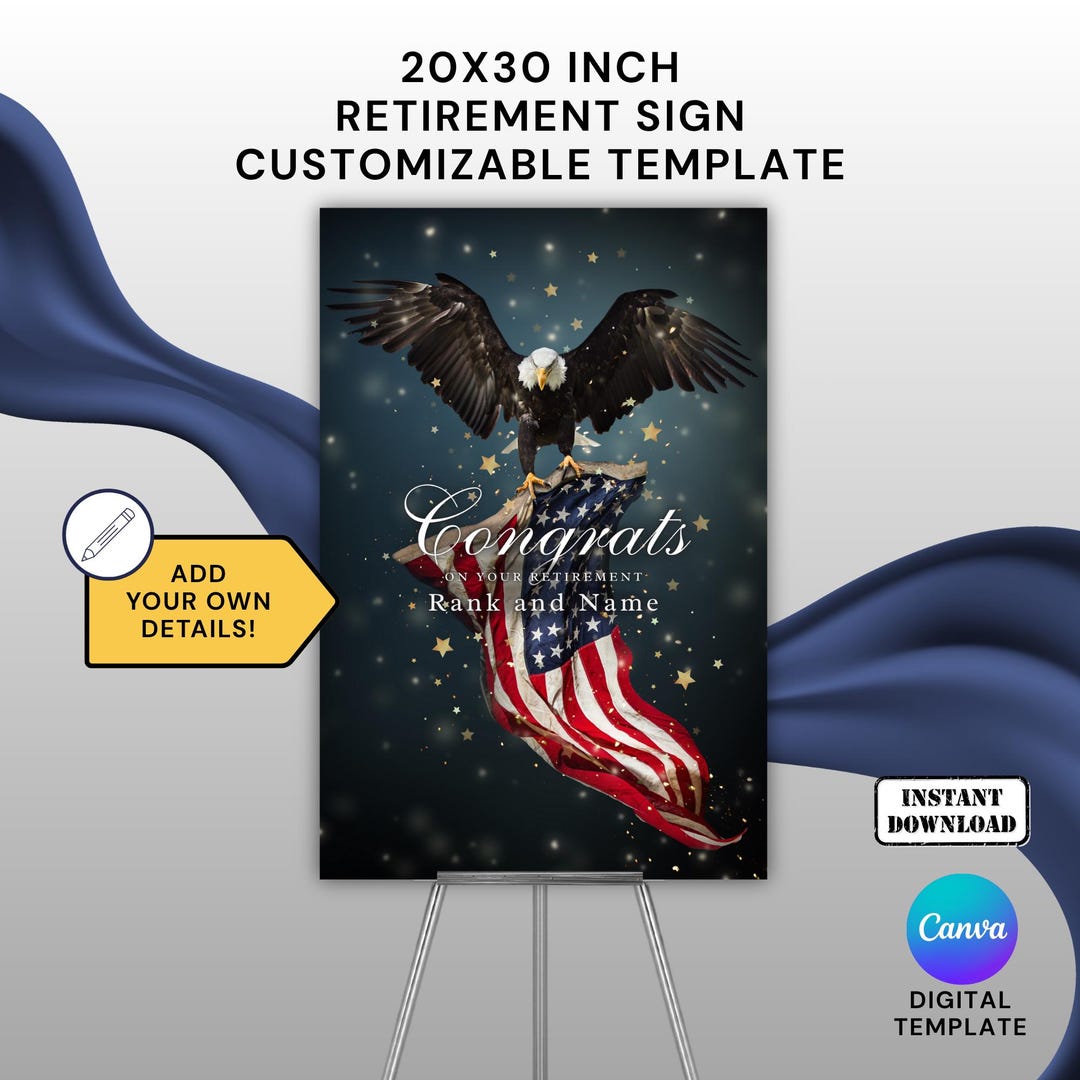 20x30" Eagle American Flag Military Retirement Party Sign TEMPLATE ...