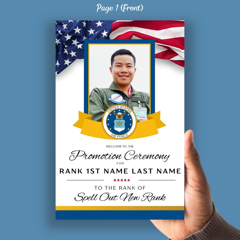 Air Force Promotion Ceremony Program Blue & Gold Canva Template Bi-fold ...