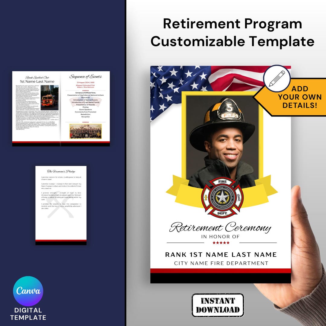 Firefighter Retirement Ceremony Program Canva Template Fireman First ...