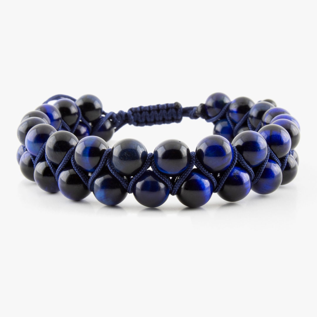Double Layered Natural Blue Tiger Eye Adjustable Braided Bracelet for ...
