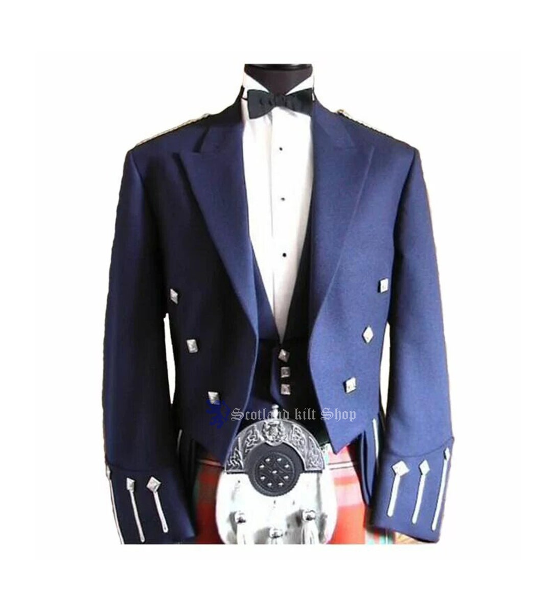 Men's Scottish Blue Regulation Doublet Kilt Jacket With 3 Buttons Vest ...