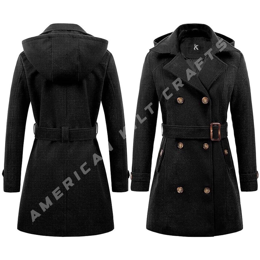 Wool Blend Pea Coat, Women's Hooded Winter Trench Coat - Etsy