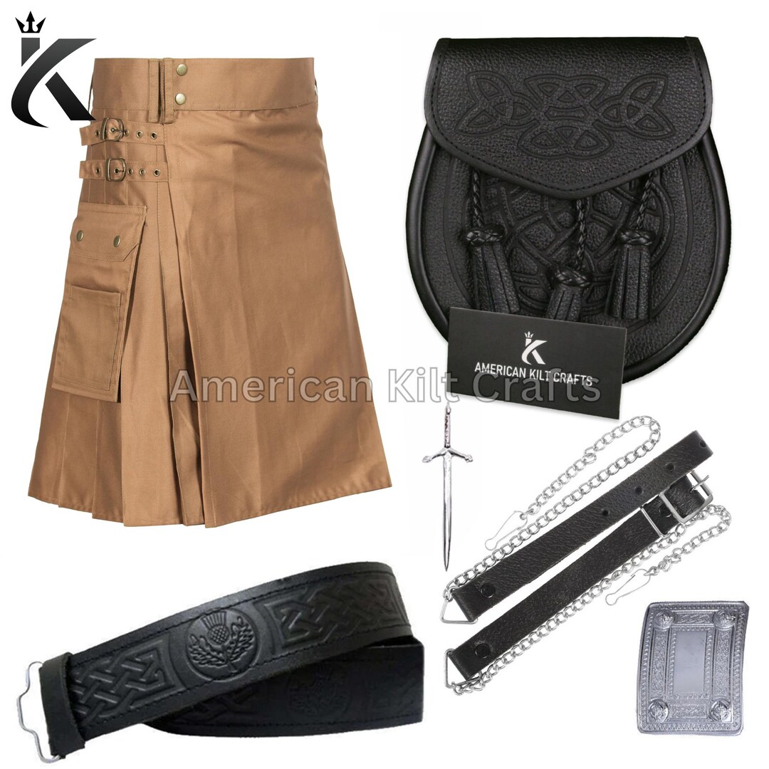 Complete Men Utility Kilt Outfit Set – Cotton Utility Kilt With Genuine ...