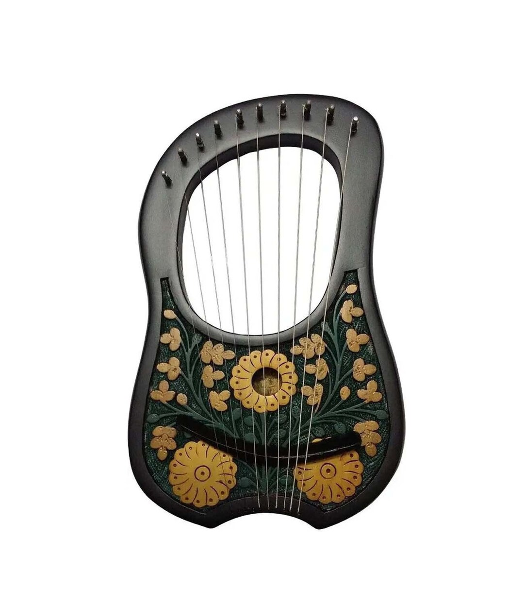 Handmade Sheesham Lyre Harp 10 Metal String | Green Flower Design Lyre ...