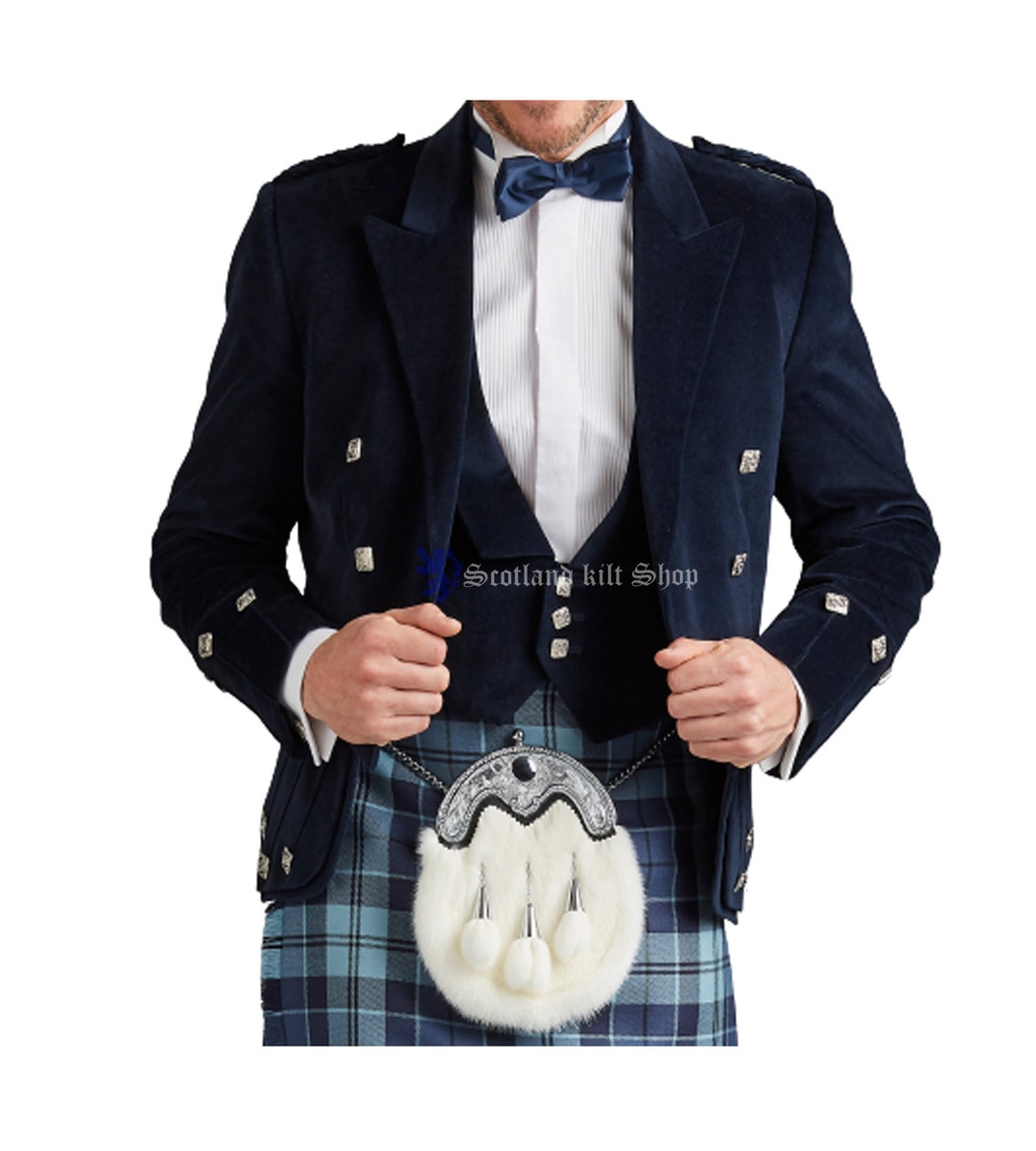 Mens Navy Blue Velvet Regulation Doublet Kilt Jacket With Vest ...