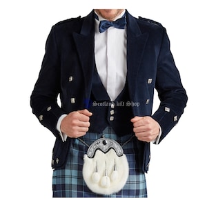 Mens Navy Blue Velvet Regulation Doublet Kilt Jacket With Vest ...