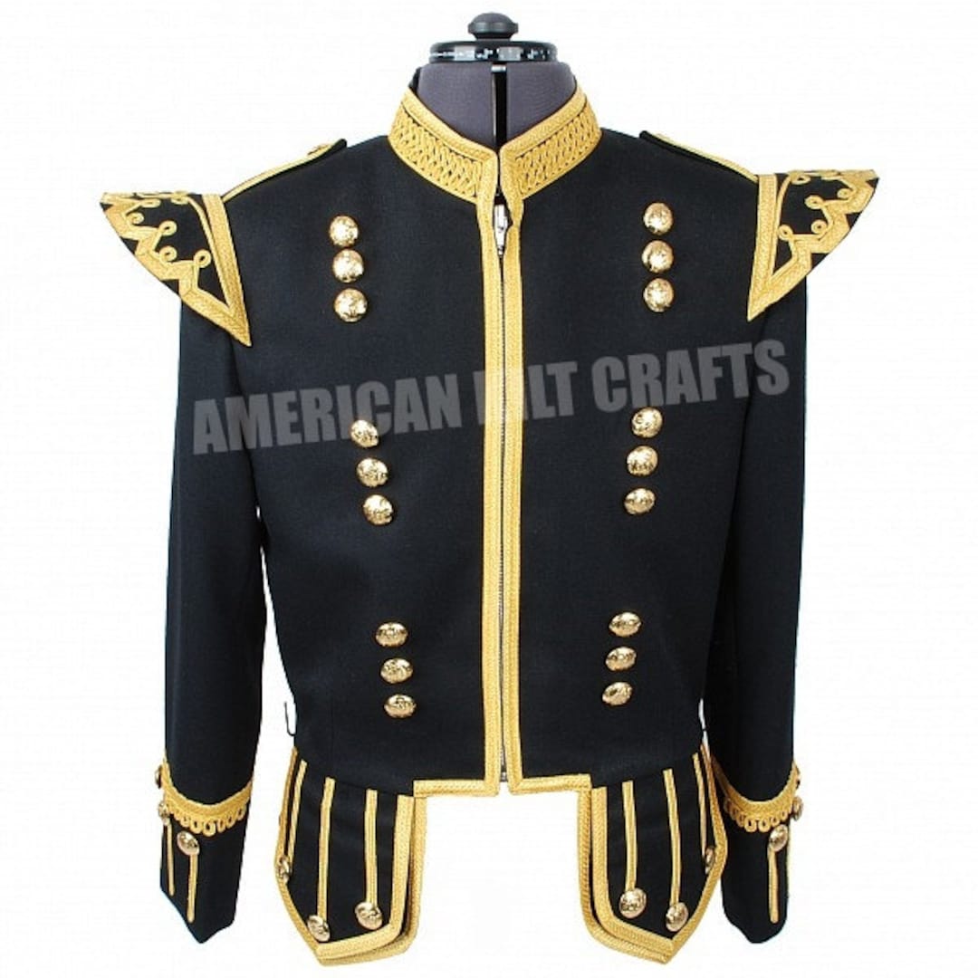 Scottish Black Military Piper Drummer Doublet Kilt Jacket | Marching ...