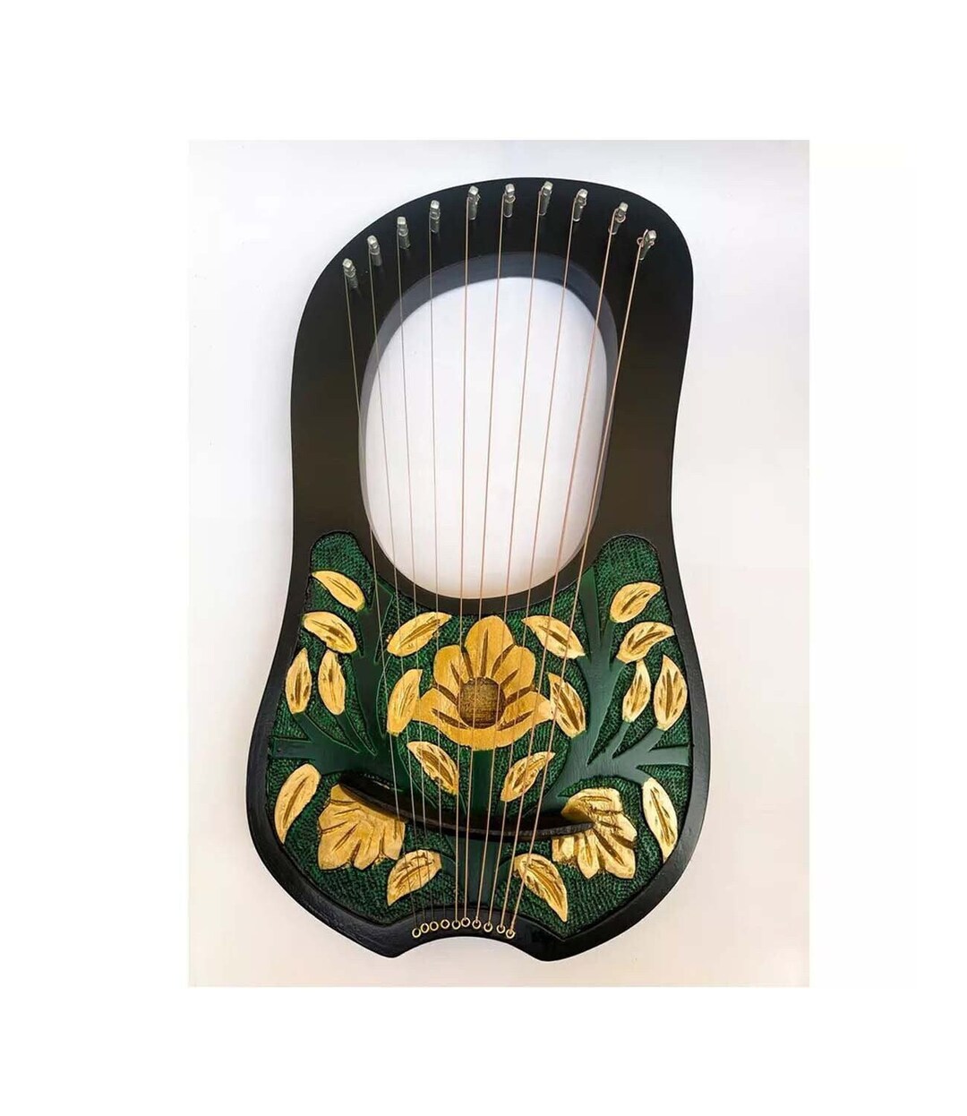 Handmade Sheesham Lyre Harp 10 Metal String Green Flower Design Lyre ...