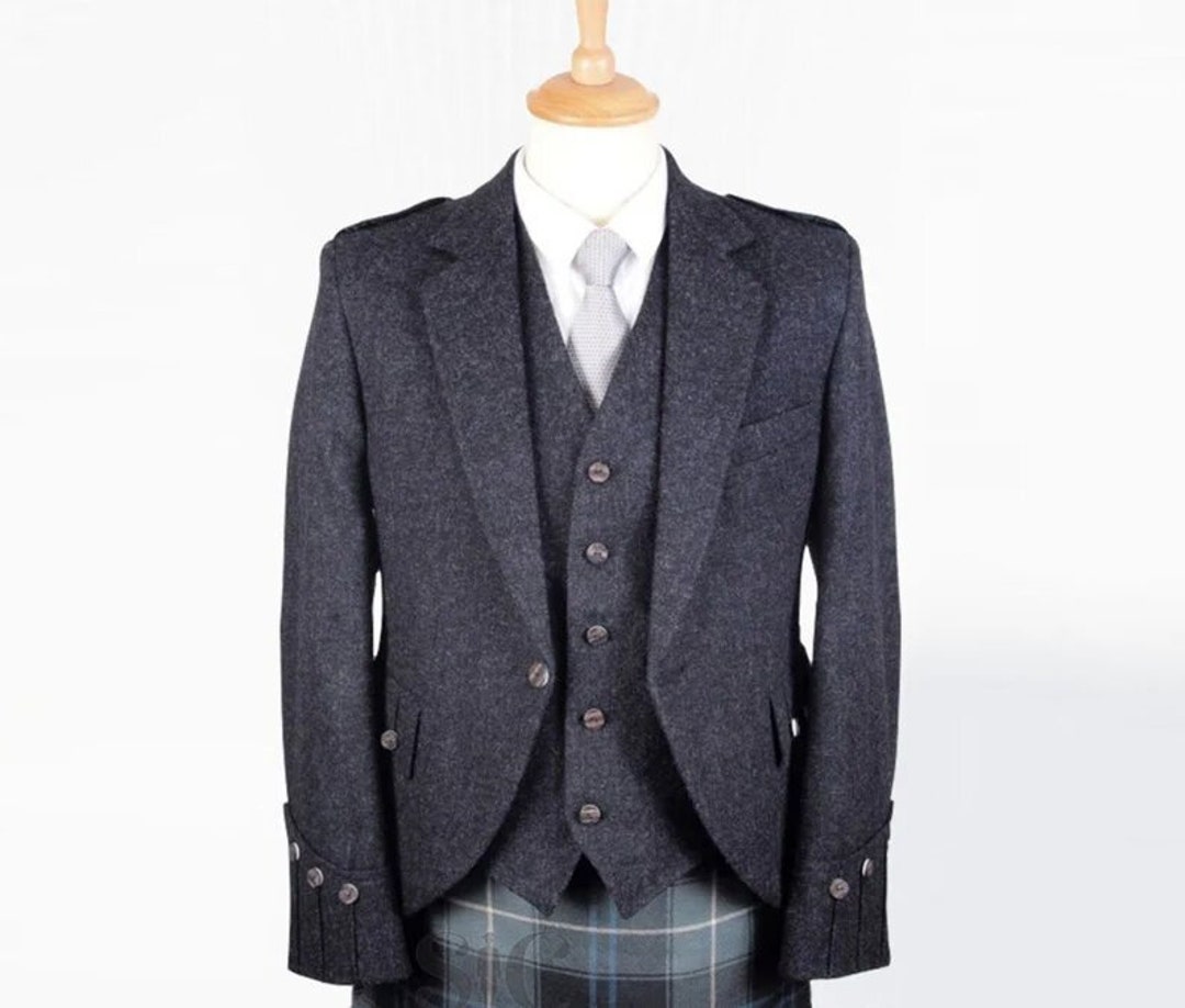 Men's Scottish Gray Tweed Argyle Kilt Jacket With Vest | Highland ...
