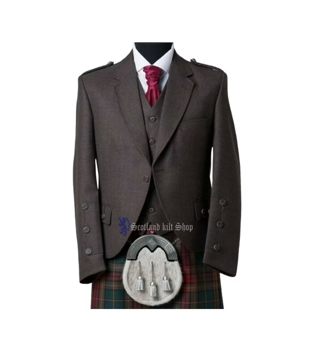 Mens Scottish Brown Argyle Kilt Jacket With Vest | Highland Wedding ...