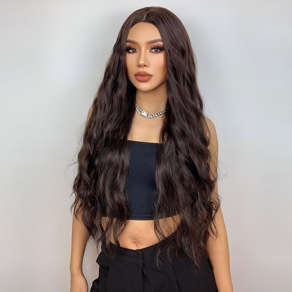 30 Inches Dart Brown Middle Parting Natural Wavy Wigs/ Heat Resistant ...