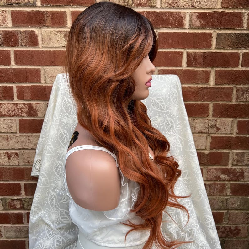 Long Copper Rust Ginger Orange Natural Wavy Wig With Bangs for Woman ...