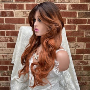 Long Copper Rust Ginger Orange Natural Wavy Wig With Bangs for Woman ...