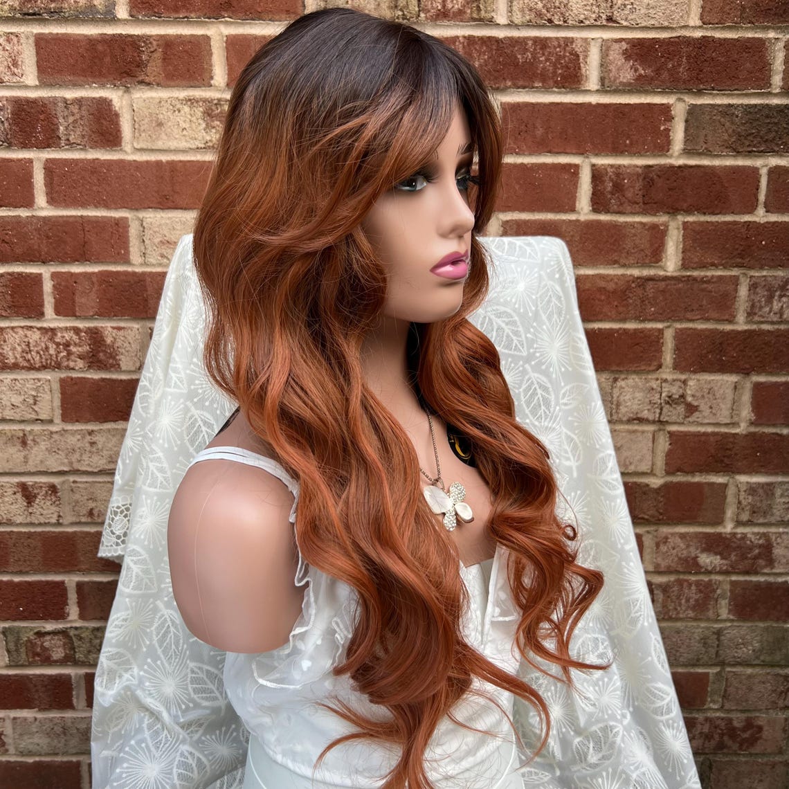Long Copper Rust Ginger Orange Natural Wavy Wig With Bangs for Woman ...
