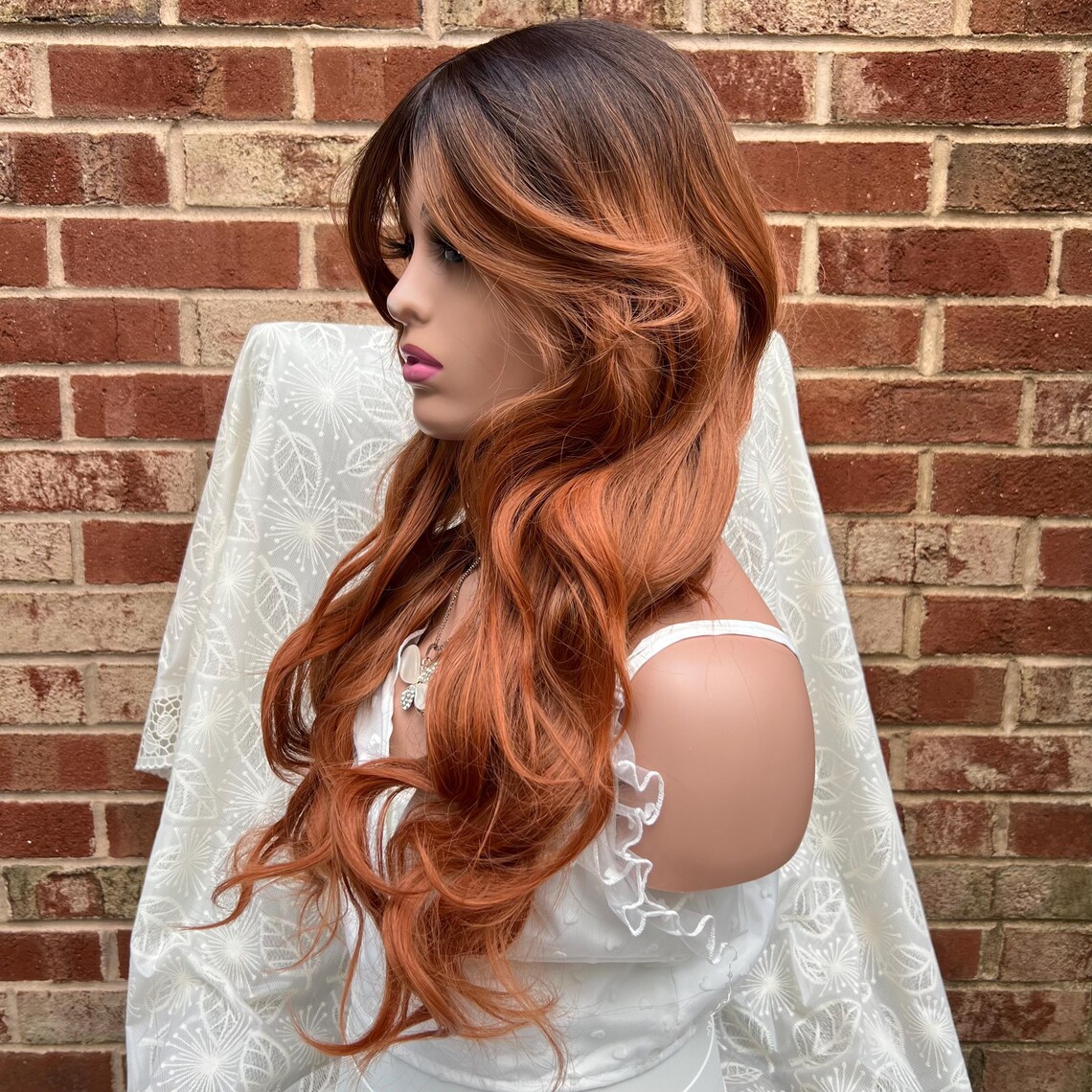 Long Copper Rust Ginger Orange Natural Wavy Wig With Bangs for Woman ...