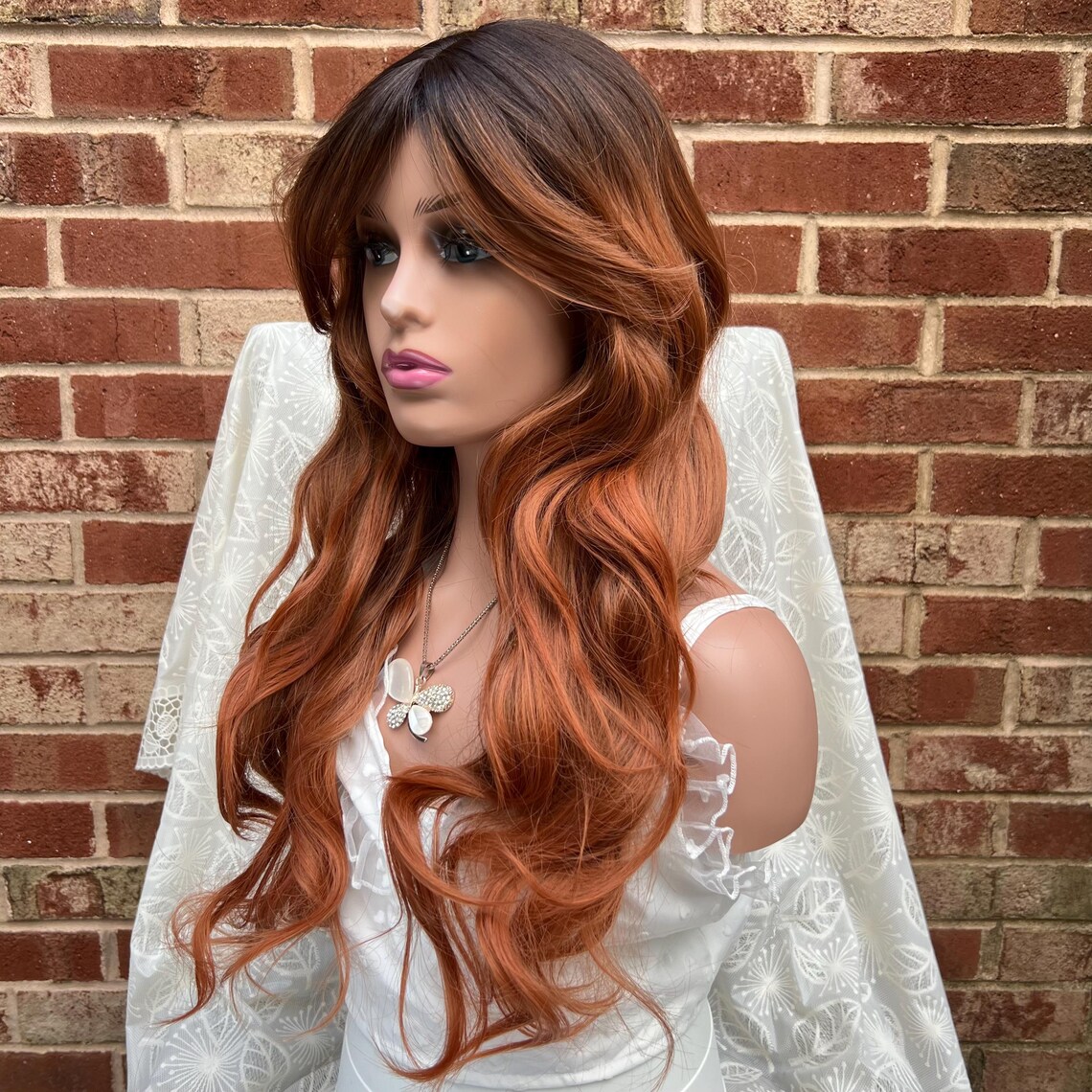 Long Copper Rust Ginger Orange Natural Wavy Wig With Bangs for Woman ...
