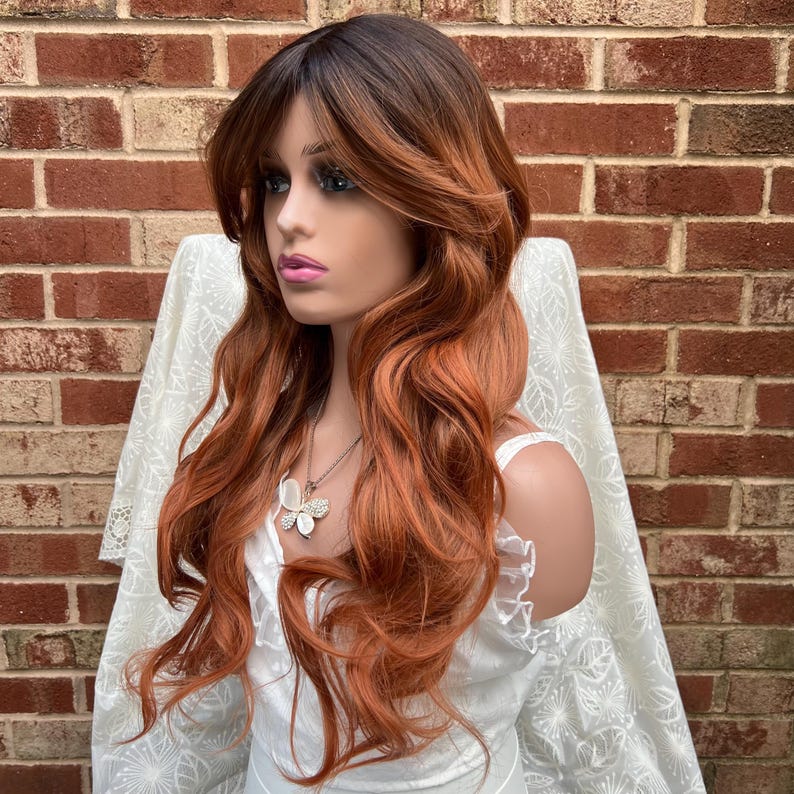 Long Copper Rust Ginger Orange Natural Wavy Wig With Bangs for Woman ...