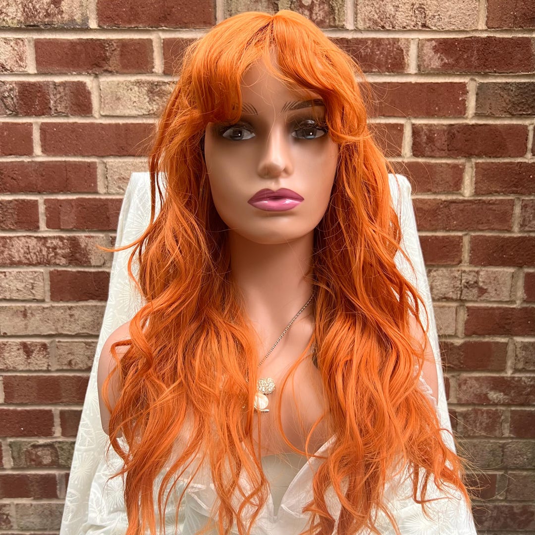 Long Orange Curly Wig With Bang/ Heat Resistant Wig/ Daily Wear Wig ...