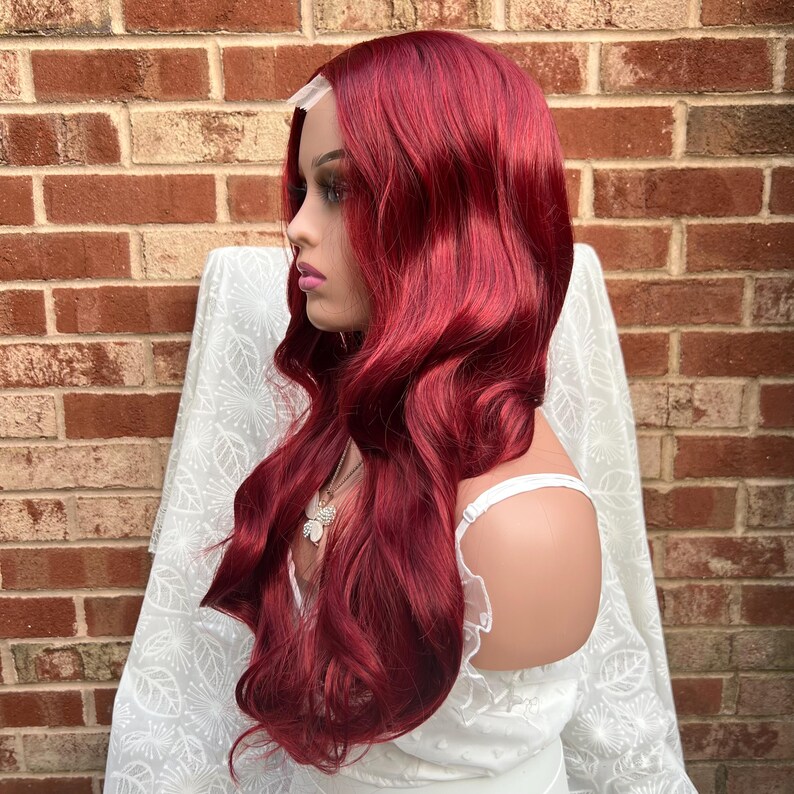 Long Burgundy Red Natural Wavy Small Front Lace Wig/ Medium Split Wig ...