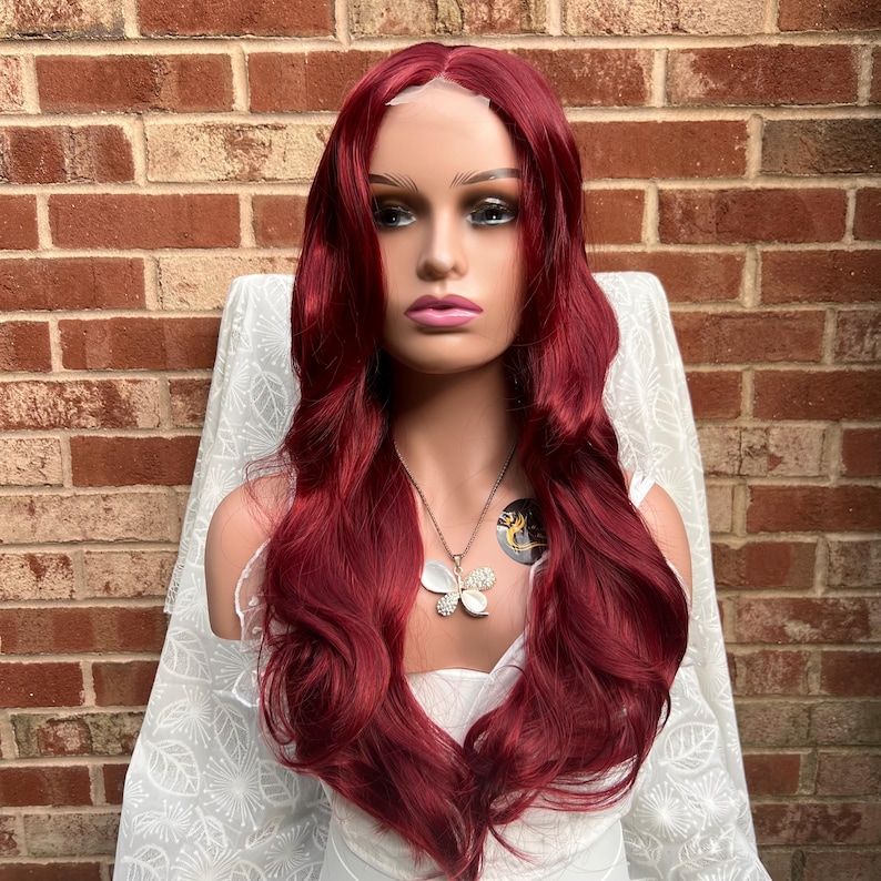 Long Burgundy Red Natural Wavy Small Front Lace Wig/ Medium Split Wig ...