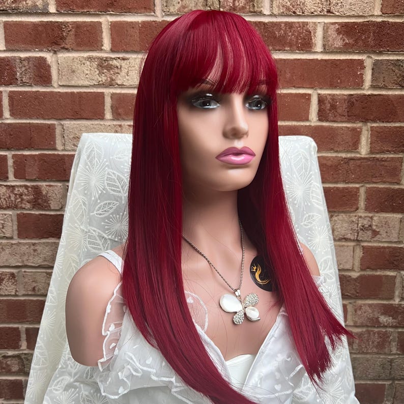 Long Burgundy Red Straight Wig With Bangs/ Fashion Wig/ Heat Resistant ...