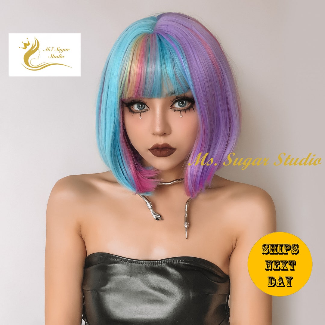 Short Rainbow Straight Bob Wig/ Fashion Party Wig/ Purple Blue - Etsy