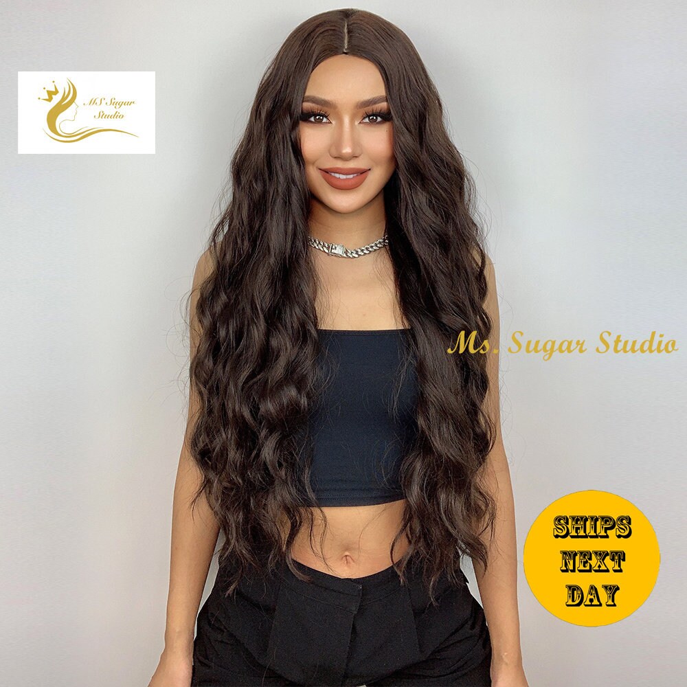 30 Inches Dart Brown Middle Parting Natural Wavy Wigs/ Heat Resistant ...
