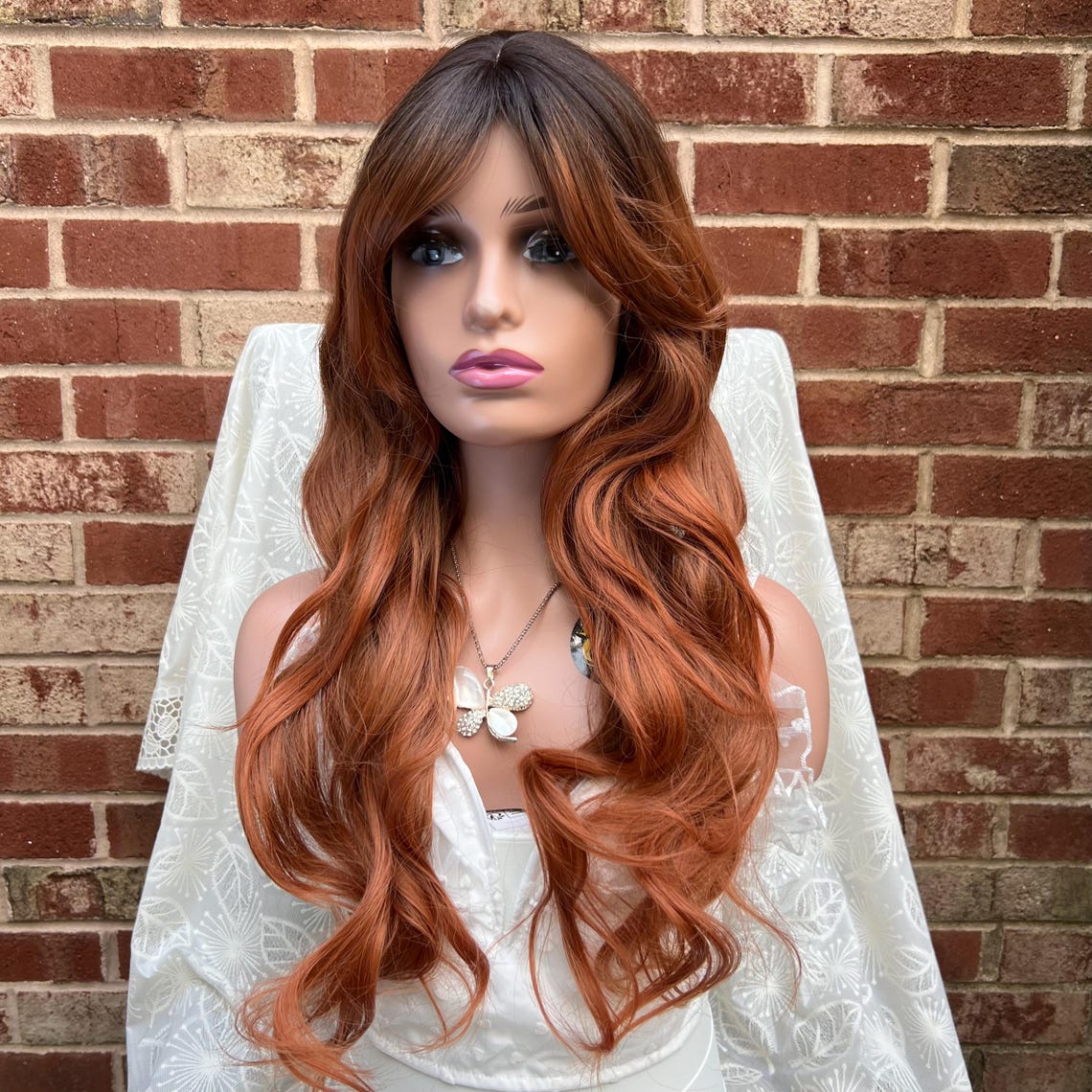 Long Copper Rust Ginger Orange Natural Wavy Wig With Bangs for Woman ...