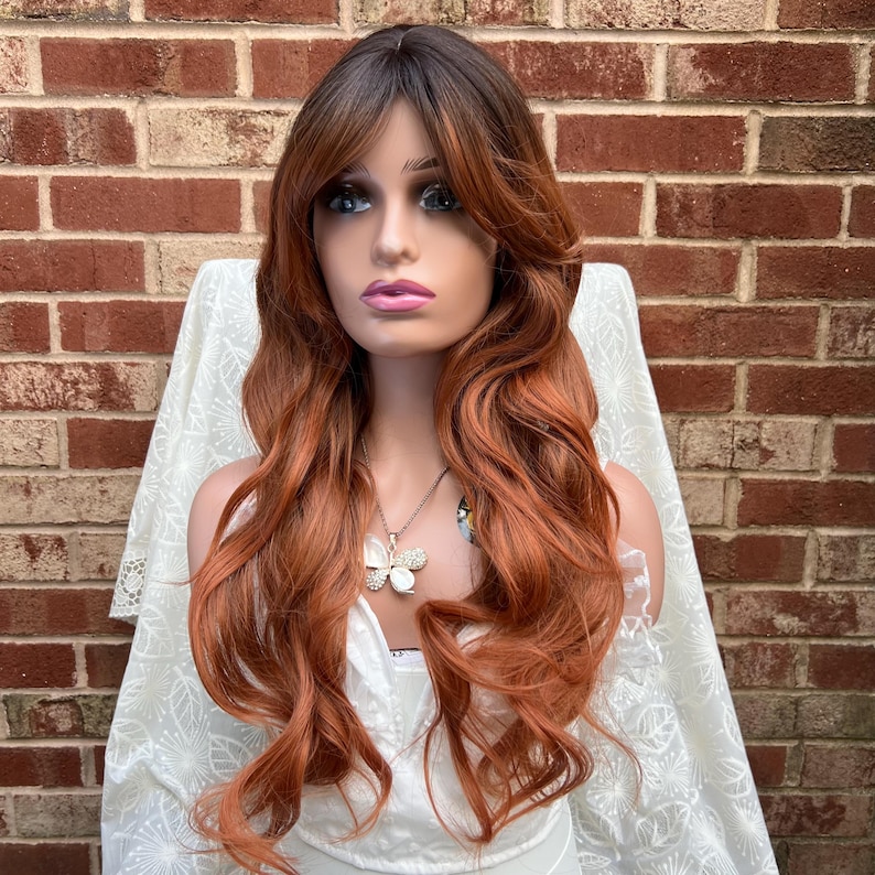 Long Copper Rust Ginger Orange Natural Wavy Wig With Bangs for Woman ...