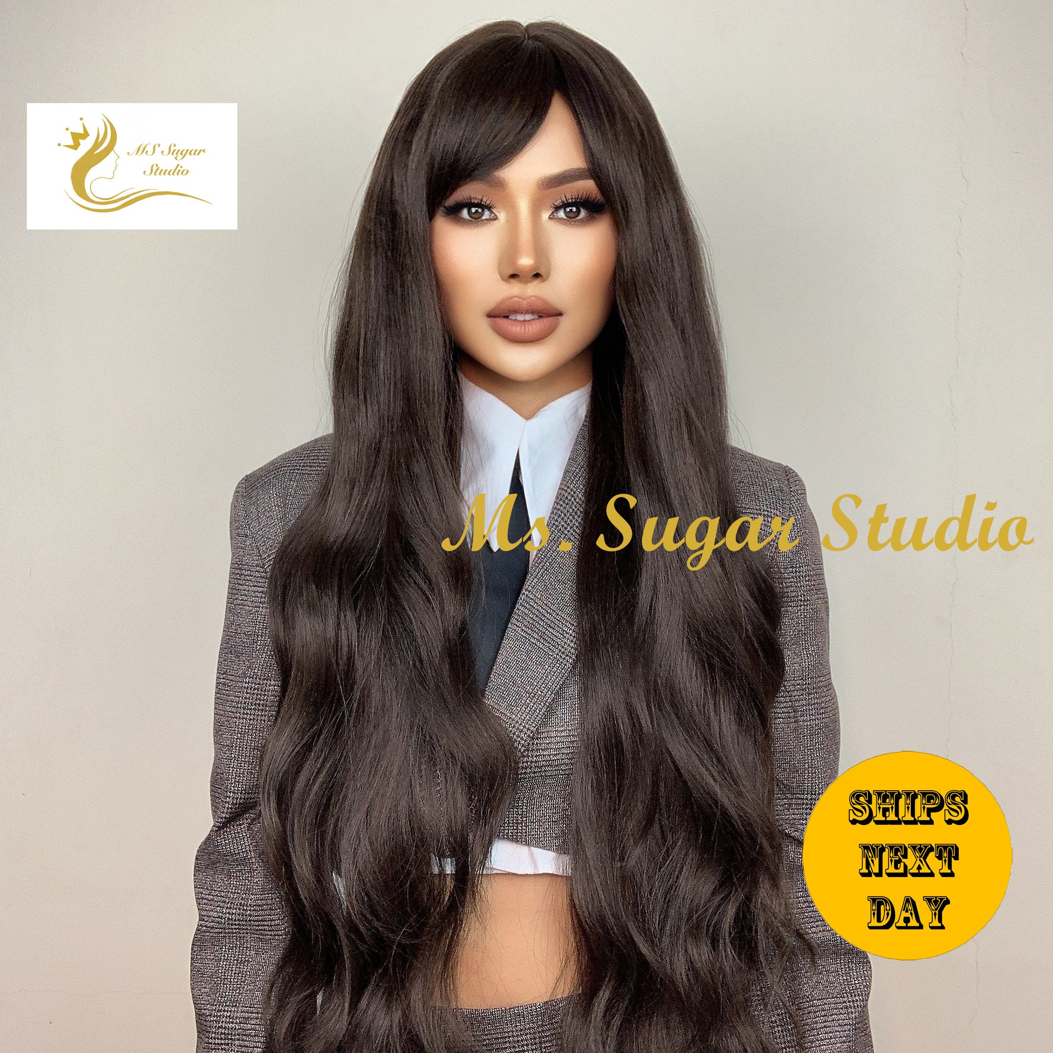 30 Inches Dart Brown Middle Parting Natural Wavy Wigs/ Heat Resistant ...