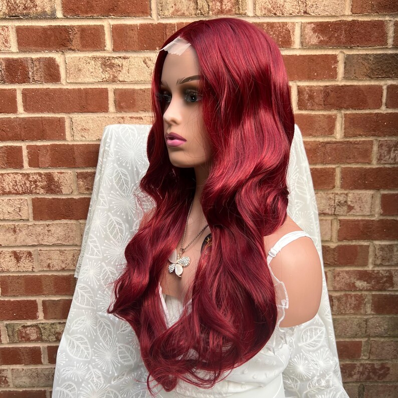 Long Burgundy Red Natural Wavy Small Front Lace Wig/ Medium Split Wig ...