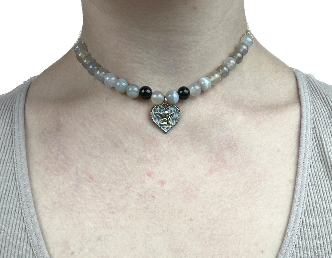 Agate Bead Necklace With Gold Cherub Heart Pendant - Cupid Jewelry ...