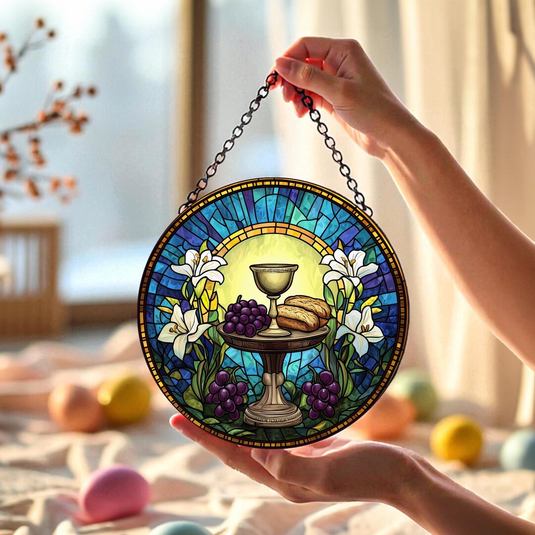 Christian Communion Suncatcher Ornament, Stained Glass Holy Chalice ...